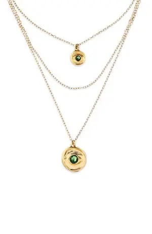 UNODE50 Triple Layered Necklace With Evil Eye Charms And Green Crystal