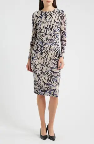 Anne Klein Ruched Mesh Midi Dress - Dutch Blue Multi