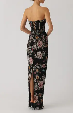 SAU LEE Strapless Floral Jacquard Cotton Blend Column Gown