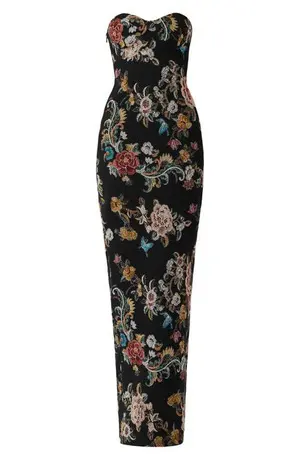 SAU LEE Strapless Floral Jacquard Cotton Blend Column Gown