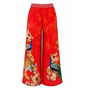 ANNIA LOUISA Kyoto Wide Leg Printed Viscose Trousers - Red