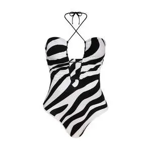 CHERINA BEACHWEAR LLC Mia Zebra Print Halterneck One Piece Swimsuit - Brown