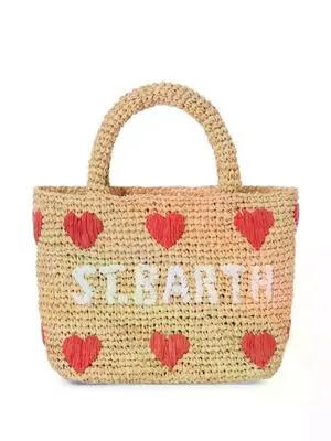 MC2 SAINT BARTH Beach Mini Raffia Bag With Embroidered Hearts - Neutrals