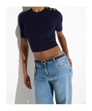 Elisabetta Franchi Knit Cropped Top With Jewel Details - Midnight Blue