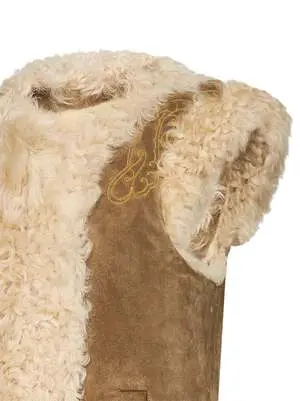 Etro Camel Shearling Vest With Peacock Embroidery