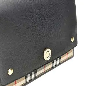 Burberry Note Leather Shoulder Bag With Check Motif - Black
