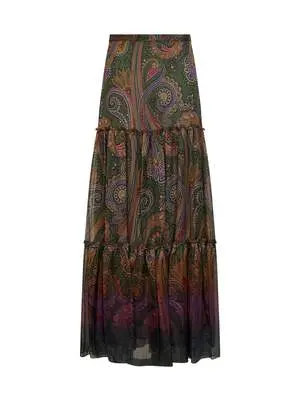 Etro Green Paisley-printed Silk Chiffon Tiered Maxi Skirt - Multicolor