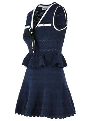 SELF-PORTRAIT Navy Cotton Blend Openwork Knit Mini Dress