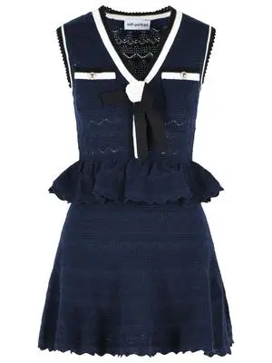 SELF-PORTRAIT Navy Cotton Blend Openwork Knit Mini Dress - Blue