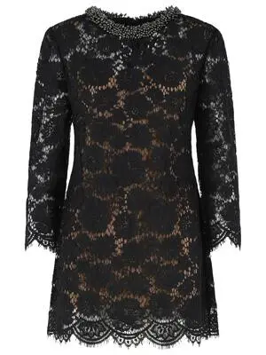 SELF-PORTRAIT Lace Mini Dress With Embellished Crewneck - Black