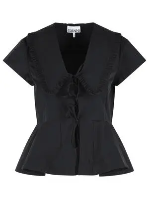GANNI Cotton Poplin Blouse With Ornate Collar - Black