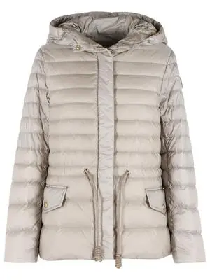 Moncler Down Jacket With Drawstring Hood And Leather Patch - Cream