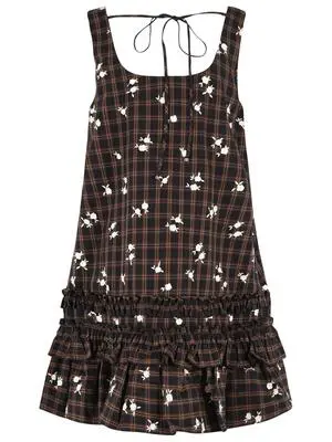 GANNI Cotton Mini Dress With Floral Embroidery And Ruffles - Brown