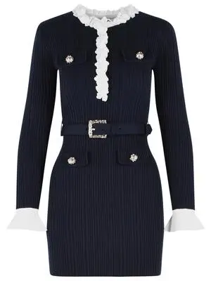SELF-PORTRAIT Navy Wool Blend Mini Dress With Floral Appliqu - Blue