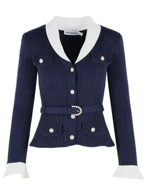 SELF-PORTRAIT Ribbed Cardigan In Navy Viscose Blend - Blue