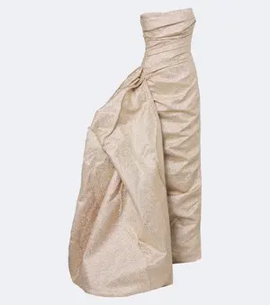MARMAR HALIM Draped Pleated Brocade Bustier Gown - Gold
