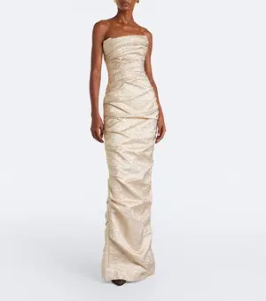 MARMAR HALIM Draped Pleated Brocade Bustier Gown