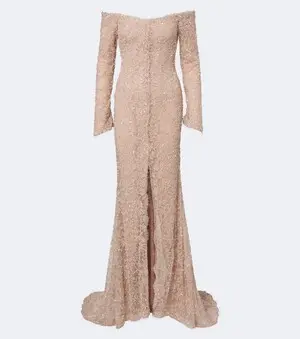 MARMAR HALIM Sequined Lace Off-shoulder Gown - Beige