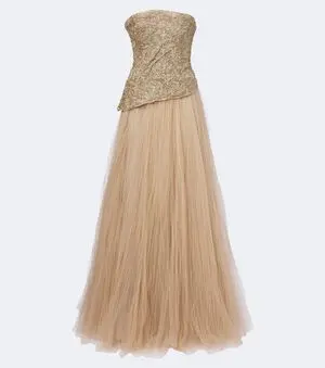 MARMAR HALIM Embroidered Pleated Tulle Gown - Gold
