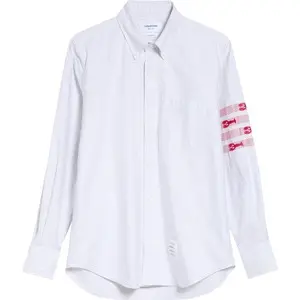 Thom Browne Lobster Embroidery Detail Stripe Cotton Button-down Shirt - Medium Grey