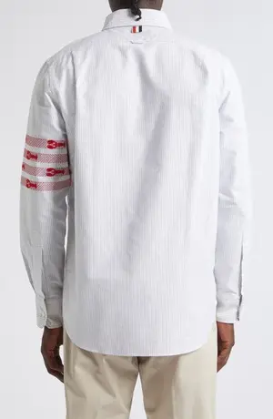 Thom Browne Lobster Embroidery Detail Stripe Cotton Button-down Shirt