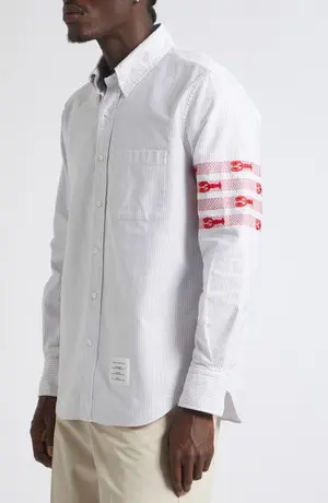 Thom Browne Lobster Embroidery Detail Stripe Cotton Button-down Shirt