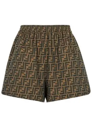 Fendi Ff Jacquard Elastic Waist Shorts With Side Slits - Marrone