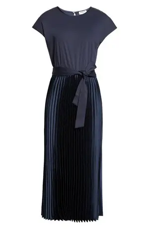 Max Mara Tie Waist Pleated Satin Maxi Dress - Navy