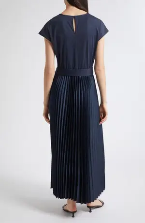 Max Mara Tie Waist Pleated Maxi Dress - Navy