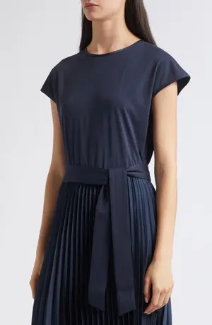 Max Mara Tie Waist Pleated Maxi Dress - Navy