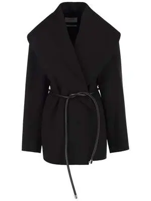 Sportmax Hand-sewn Double Virgin Wool Jacket With Scarf Collar And Belt - Nero