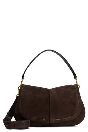 GIANNI CHIARINI Suede Shoulder Handbag Calfskin, Adjustable Strap - Brown