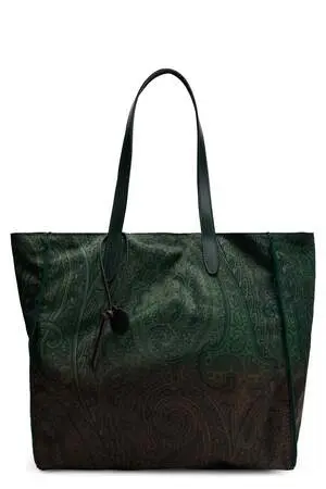 Etro Paisley Large Nylon Tote Handbag With Long Handles - Green