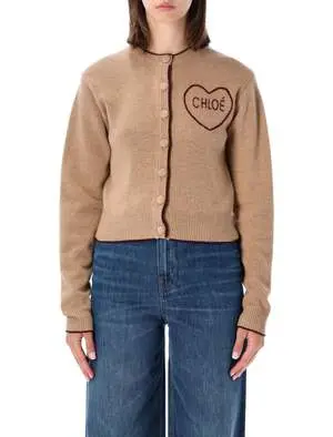 Chloé Soft Wool-cashmere Crew Neck Cardigan With Heart Appliqu - Bleached Brown