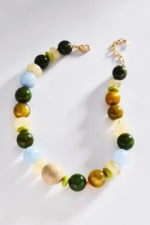Anthropologie Chunky Beaded Necklace Green Pattern