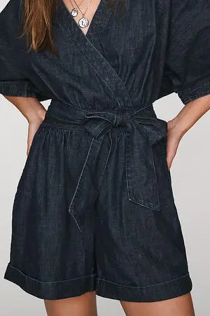 PILCRO 100% Cotton Wrap-tie Denim Romper