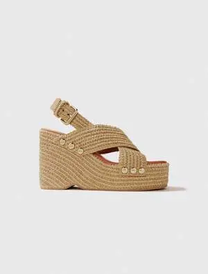 Maje Wedge Sandals With Raffia Effect - Beige Light