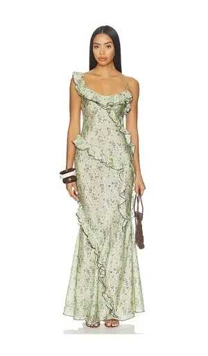 SIEDRES Monica Printed Chiffon Gown With Metallic Threading And Ruffles