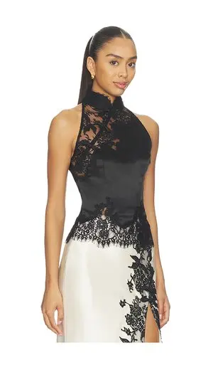 SAU LEE Elva Satin Top With Lace Trim