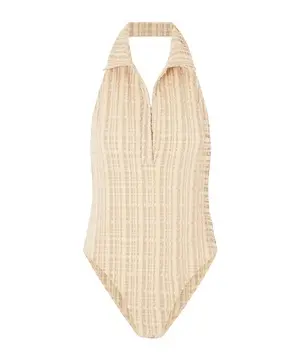 Lisa Marie Fernandez Checked Seersucker Halterneck Swimsuit - Nude