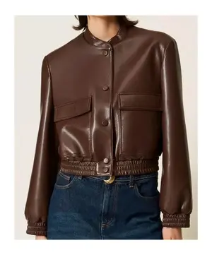 TWINSET Faux Leather Bomber Jacket With Pockets