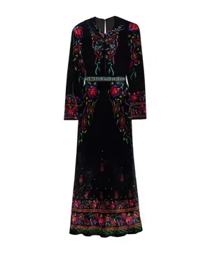 Saloni Printed Velvet Midi Dress - Black