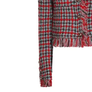 SELF-PORTRAIT Checked Knitted Jacket With Fringe
