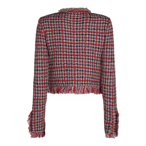 SELF-PORTRAIT Checked Knitted Jacket With Fringe
