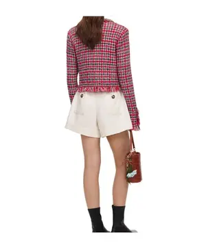 SELF-PORTRAIT Checked Knitted Jacket With Fringe