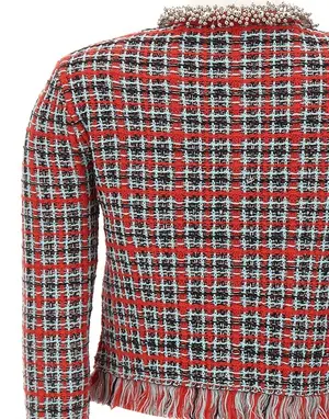 SELF-PORTRAIT Checked Knitted Jacket With Fringe