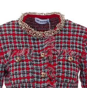 SELF-PORTRAIT Checked Knitted Jacket With Fringe