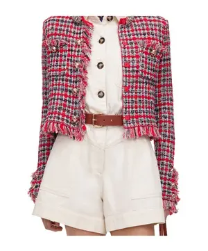 SELF-PORTRAIT Checked Knitted Jacket With Fringe