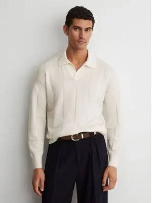 REISS Compton Wool Square-textured Polo Jumper - White