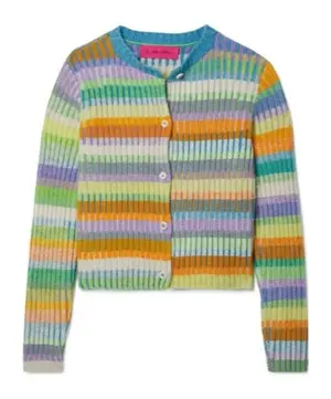 THE ELDER STATESMAN Striped Ribbed Cashmere Cardigan - Green